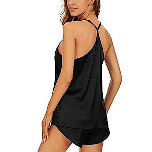 MOYEE Silk Pajamas for Women Pajama Sets Satin Pjs Sexy Lingerie Soft Cami Sleepwear Shorts(Black, X-Large)