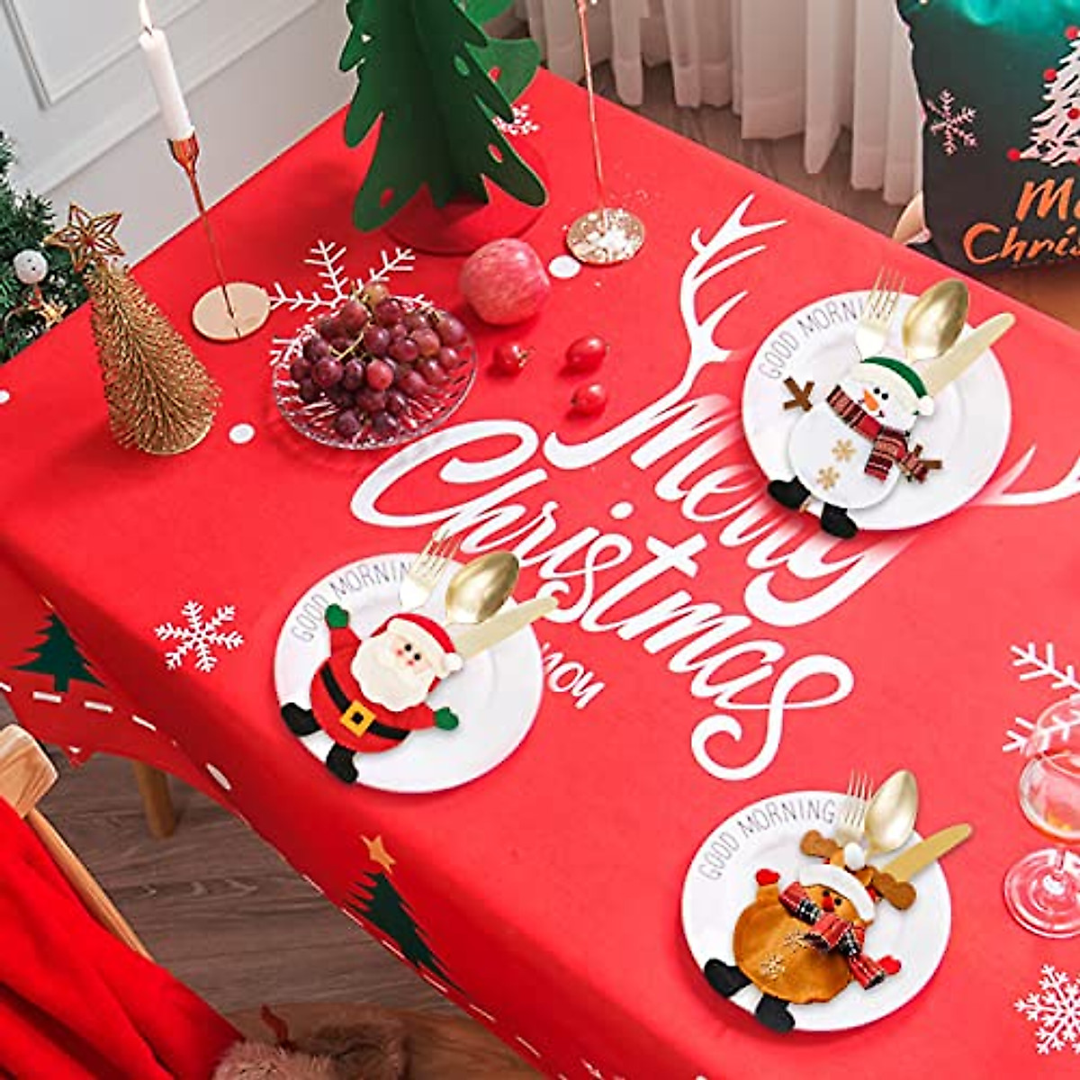 Kregio Christmas Silverware Tableware Holders Set 3Pcs Santa Reindeer Snowman Cutlery Holder Knife Forks Spoons Bags-Christmas Utensil Holder For Party Holiday Wedding Xmas Decorations Table Setting