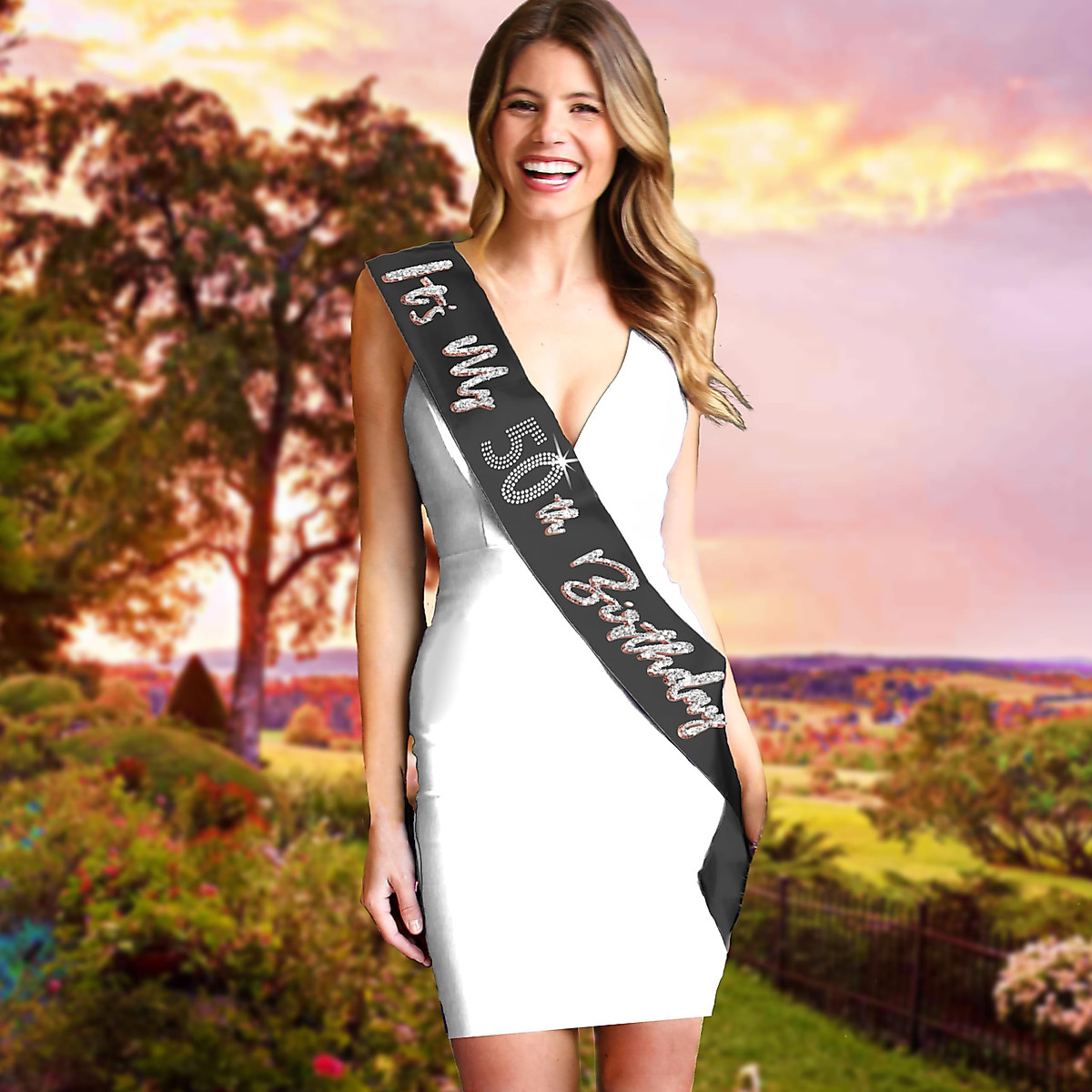 50th Birthday Sash - Premium GRADE SATIN & Real CRYSTAL Rhinestone It's My 50th Birthday Rose Gold & Silver Glitter Sash - Black Sash(ItsMy50Bday Gltr) BLK