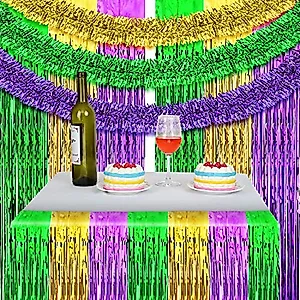 5 Pieces Mardi Gras Party Decoration Metallic Tinsel Foil Fringe Curtains Garland Photo Booth Props Table Skirt Background Backdrop Door Wall for Carnival Bunting Party Decoration Supplies