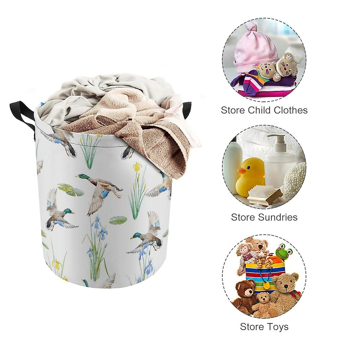 Flying Mallard Ducks Yellow and Blue Iris Lotus with Leaves on White Drawstring Collapsible Canvas Storage Basket, with Handles Foldable Storage Bin, Durable for Laundry Toys Clothes Bedroom Office