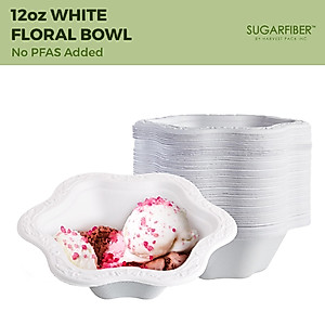 [50 COUNT]12 oz Disposable Floral White Paper Bowls - Acanthus Collection Natural Sugarcane Bamboo Fibers Bagasse Eco Friendly Environmental Plastic ice cream Bowl Elegant Alternative