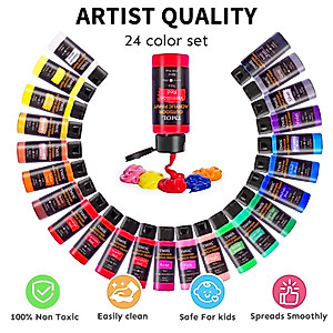 Acrylic Paint Set, 24 Colors (2 oz/Bottle) with 12 Art Brushes, Art Supplies for Painting Canvas, Wood, Ceramic & Fabric, Rich Pigments Lasting Quality for Beginners, Students & Professional Artist