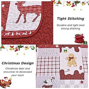 Drucon Christmas Quilt Set King Reversible Christmas Deer Snowflake Pattern Red Deer Plaid Patchwork Bedding Quilt Coverlet with 2 Pillowshams for All Season 104"x90"