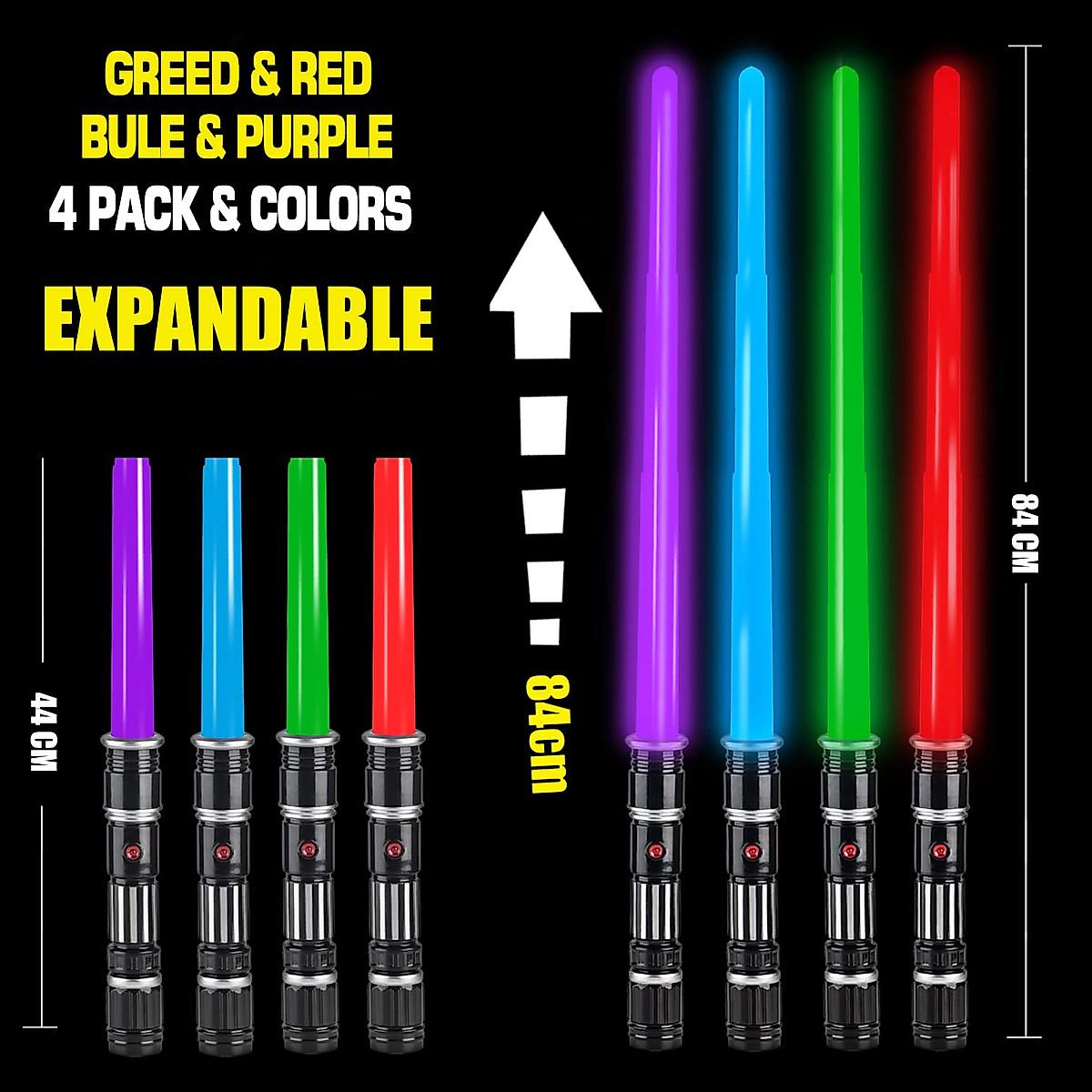 4 Pack 4 Colors Light up LED Saber, Light Swords with FX Sound(Motion Sensitive) and Realistic Handle, Expandable Light up Toy for Kid Adult, Warriors and Galaxy War Fighter, Halloween Party Xmas Gift