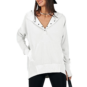 ANRABESS Women Casual Oversized Hoodies Sweatshirts Henley V Neck Hooded Pullover Sweater Tops 2024 Fall Outfits Clothes 1059benbai-M White