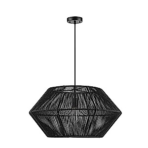 Globe Electric 65470 1-Light Chandelier, Matte Black Natural Twine, Mate Black Canopy and Socket, Designer Black Cloth Hanging Cord. Adjustable Height, Home Decor Lighting, Hygge, Bulb Not Included