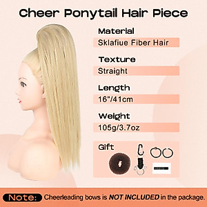 SEIKEA Cheer Ponytail Hair Piece, 16" Champagne Blonde Straight Cheerleader Hairpiece Ponytail Extension for Cheerleader Competition, Dance