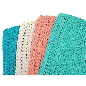 Coral and Aqua 4 inch x 7 inch Rectangular Cotton Dishcloths Set of 4 Lt. Coral Turquoise Ecru Aqua