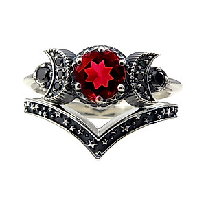 Women Punk Ringe Band Moon Ring Red Amethyst Ring Moon Jewellery Gifts Men Waves Stacking Engagement Wedding Rings Finger Band Minimalist Jewelry Gifts for Women Girls (Red, 9)