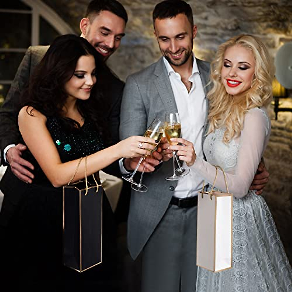 24 Pcs Wine Gift Bags for Wine Bottles Elegant White and Black Wine Gift Bags with Metallic Gold Foil Print Kraft Wine Gift Bags with Attractive Gold Rope Handles for Wedding Bottle