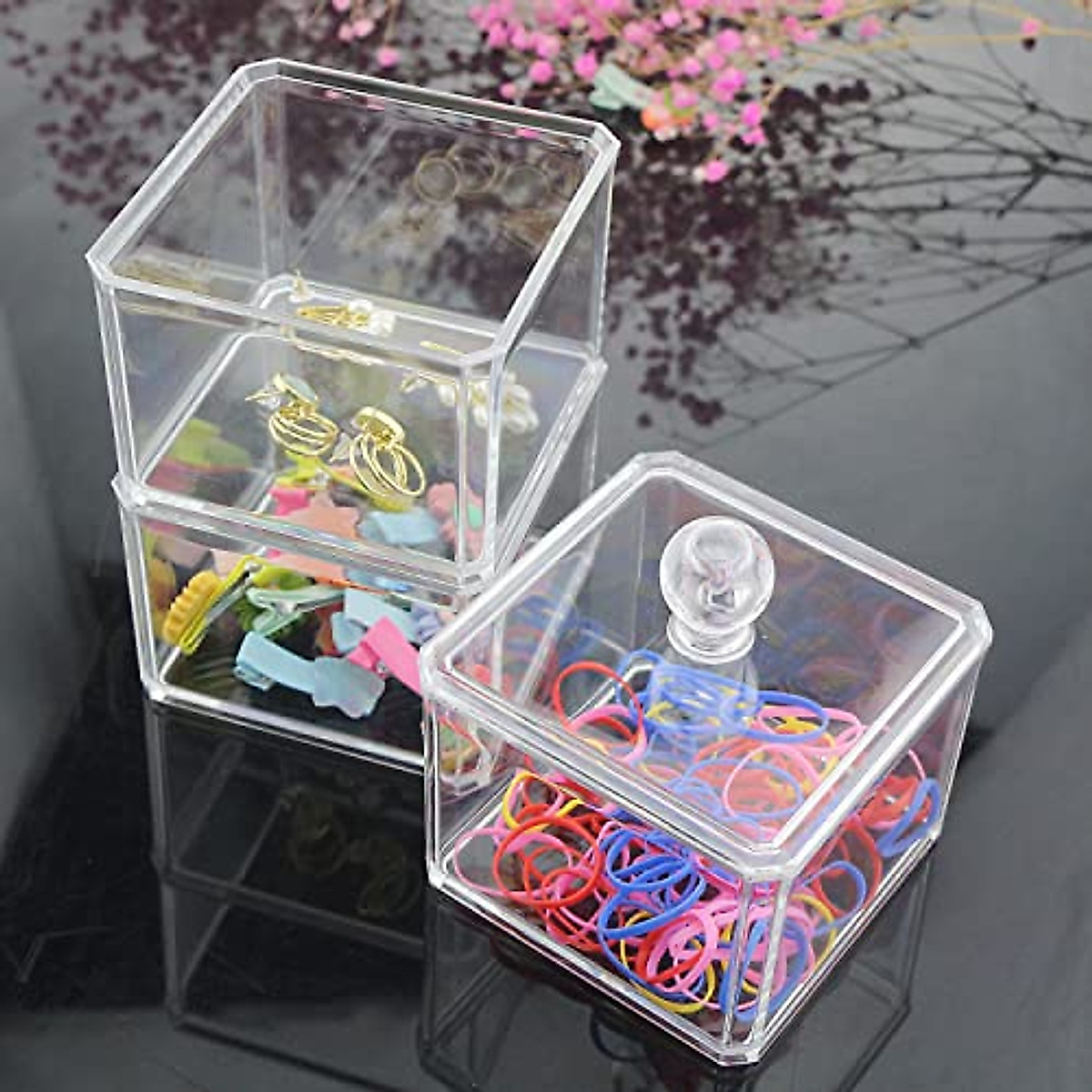 LOHRYVIO Hair Accessories Organizer for Girls, 3 Stackable Hair Organizer Storage with Lids, Acrylic Clear Hair Tie Organizer, Vanity Bathroom Containers, Hair Tie Holder for Girl