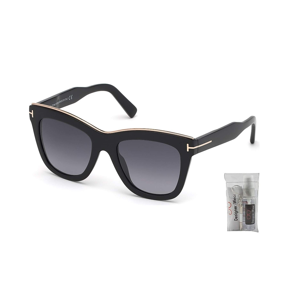 Tom Ford FT0685 Julie 01C 52MM Shiny Black/Gradient Smoke W. Silver Flash Geometric Square Sunglasses for Women + BUNDLE with Designer iWear Eyewear Kit
