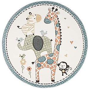 SAFAVIEH Carousel Kids Collection Area Rug - 5'3" Round, Ivory, Animal Design, Non-Shedding & Easy Care, Ideal for High Traffic Areas for Boys & Girls in Playroom, Nursery, Bedroom (CRK120A)