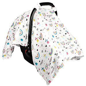 Muslin Baby Car Seat Canopy, Infant Carseat Cover, Lightweight Breathable Soft for Babies Girls Shower Gift (Rainbow)