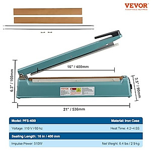 VEVOR Impulse Sealer 16 inch, Manual Heat Seal Machine with Adjustable Heating Mode, Iron Shrink Wrap Bag Sealers for Plastic Mylar PE PP Bags, Portable Poly Bag Sealing Machine with Extra Replace Kit
