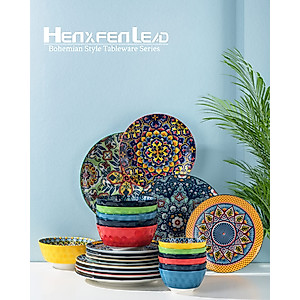 Dessert, Salad Plate Set 8.7 Inch, Colorful Ceramic Plates for Pasta, Appetizer, Snacks - Serving Dishes for Thanksgiving & Christmas, Dishwasher & Microwave Safe, Set of 6 - Bohemian Style