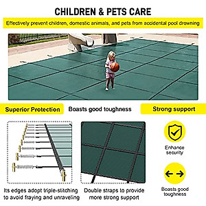 Pool Safety Cover Fits for Rectangle Inground Safety Pool Cover PP Green Mesh Inground Pool Covers 18x36ft with 4x8ft Center Steps Includes All Needed Hardware for Swimming Pool Winter Safety Cover