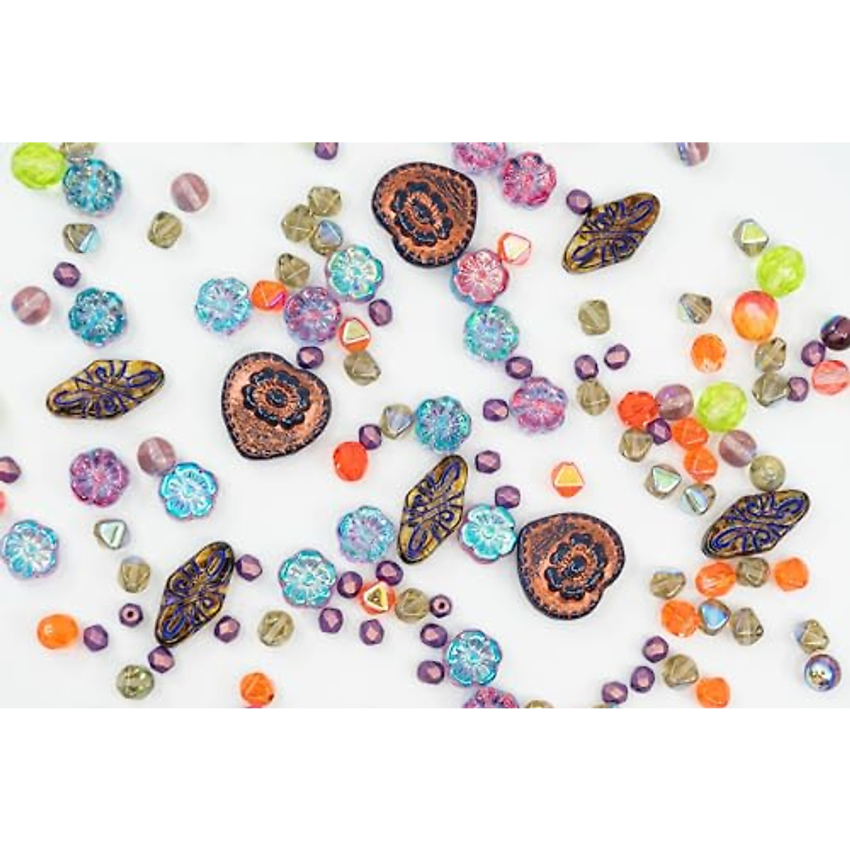 2.1oz (60 g) Mix of Unique Czech Bohemia Glass Pressed Beads, Crazy Purple Green Copper, Table Cut, Matte and Glossy, Faceted Fire Polish, Hand Made Set Kit BCV