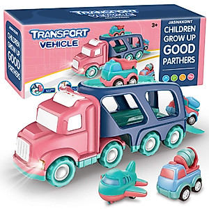 Transport Car Carrier Truck Set with Light and Sound, 5 in 1 Pink Double Deck Container Truck with 4 Mini Cartoon Pull Back Vehicle Construction Car, Gift Toy for Girl Toddler Kid Christmas Birthday