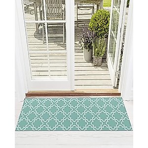 Front Door Mat, Non - Slip Absorbent Long Door Entry Mats, Doormats Indoor/Outdoor Entrance Rugs, Geometric Moroccan Tile Pattern Teal Green Doormat - Easy to Clean Floor Mats for Home 18x47 Inch