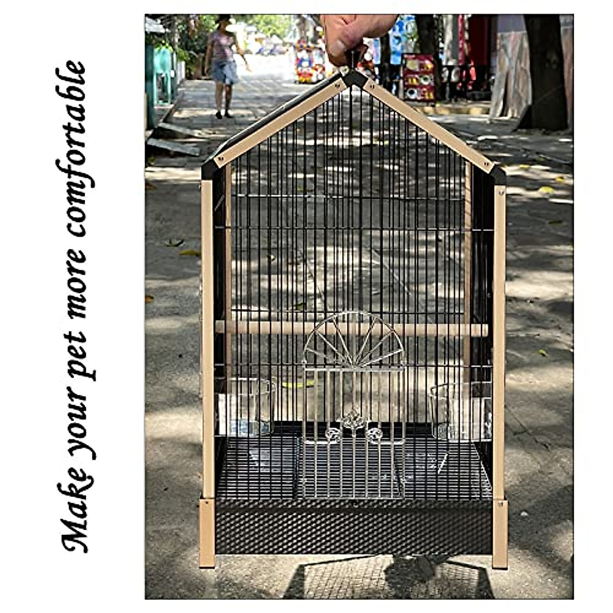 Flat top Bird Travel cage,21 inch Parrot Carrier with Wooden Perch Feeding Cup for Conures Cockatiel Parakeets（Aluminum Frame）