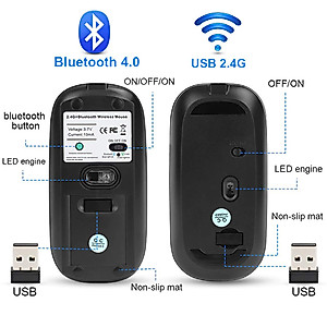 XBOSS X4 Ultra Thin 2.4GHz and Bluetooth Wireless Rechargeable Optical Mouse Computer PC Mice with USB Adapter for Mac Windows Linux Mouse Wireless (Black with Bluetooth + 2.4Ghz)