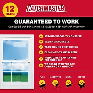 Catchmaster Fly Trap Bundle, Window Fly Traps 12-Pack & Fly Ribbon 20-Pack, Bug & Fly Traps for Indoors and Outdoors, for Garage, Backyard, Pool, & Patio