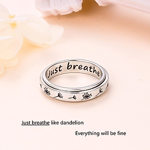 Birthday Gifts Just Breathe Spinner Ring for Women 925 Sterling Silver Dandelion Fidget Rings for Anxiety Stress Relieving ADHD Autism Rings Inspirational Boho Band Ring (9)
