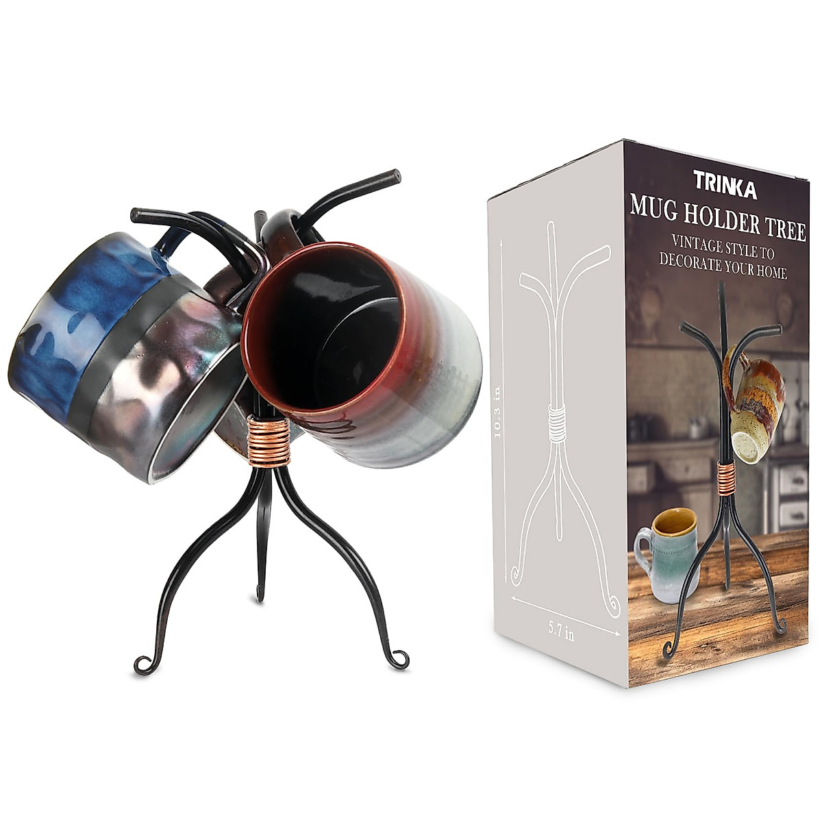 TRINKA Rustic Mug Holder Tree, Metal Coffee Cup Holder, Farmhouse Coffee Mug Rack Stand with 3 Hooks for Countertop, Coffee Bar Decor, Kitchen Home Organizer (Black)