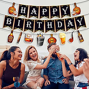 Whiskey Birthday Party Decorations 3 Pieces Whiskey Happy Birthday Banner and Whiskey Beer Banner for Black Gold Whiskey Themed Cheers Themed Whiskey Birthday Party Decoration