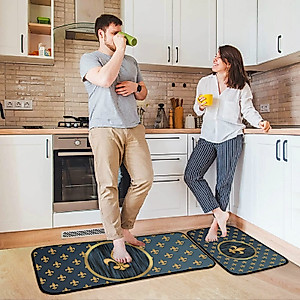 Glaphy Mardi Gras Fleur De Lis Kitchen Rug Set of 2, Washable Non-Slip Personalized Floor Mat Memory Foam Rug for Bedroom Bathroom Laundry Room
