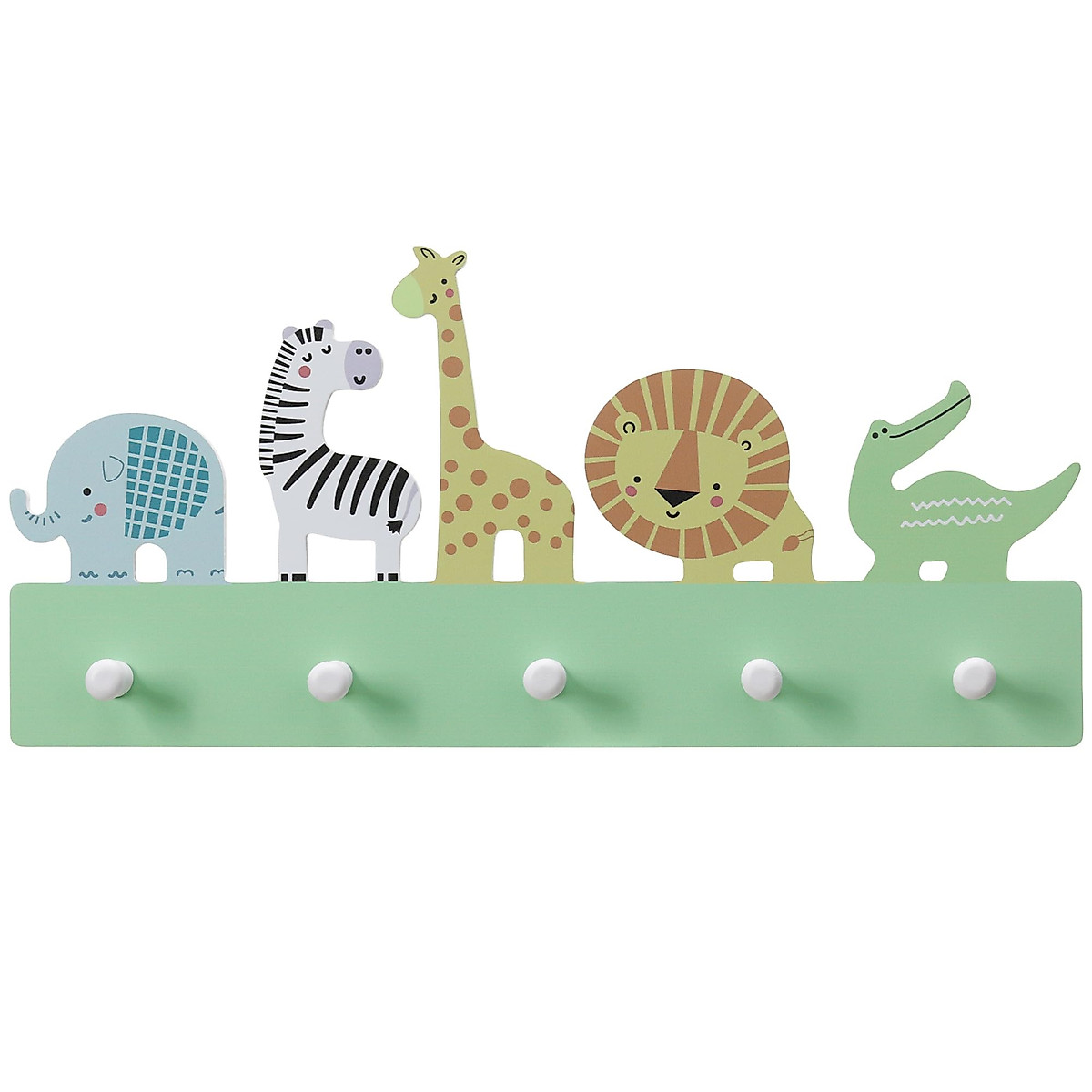 Navaris Kids Coat Hooks Rack - Wooden Hanger Rail with 5 Pegs - Wall Mounted Children's Coat Rack with 5 Hooks - Cute Animals Design