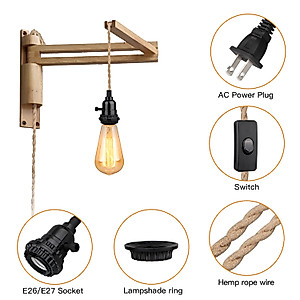Zevnico 16.5FT Pendant Light Kit, Hanging Lights with Plug in Cord & Switch, Hemp Rope Swag E26 Socket Pendant Lamp, Extension Lantern Cable Vintage Farmhouse Industrial Retro DIY Decoration Fixtures