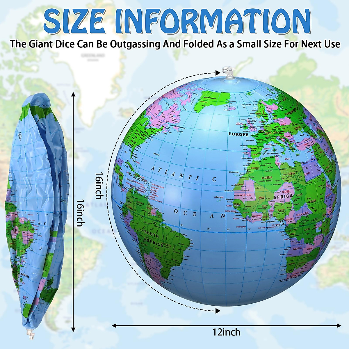 Pangda 2 Pack Inflatable Globe Blow up World Globe Beach Ball Globe for Party Bags, PVC Material (Blue,16 Inch)