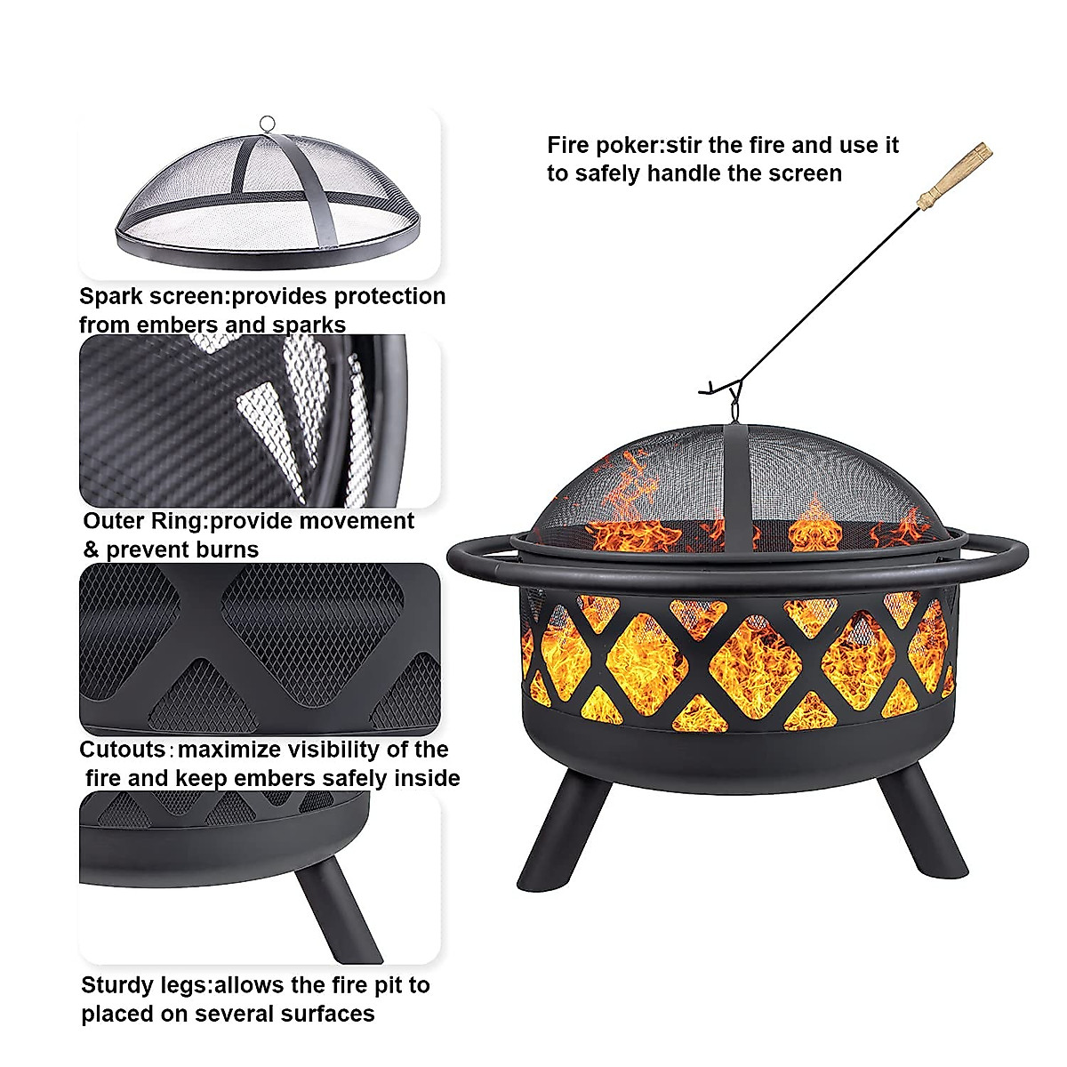 Fire Pits 30'' Outdoor Wood Burning Firepit Bowl with Spark Screen Cover Log Grate Fire Poker Steel Round Fireplace for Outside Camping Bonfire Beach Patio Backyard,Black1