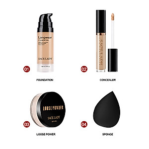 Face Makeup Base Set for Women with Flawless Matte Foundation, Full Cover Up Concealer for Eye Circles, Oil Control Loose Powder, Make Up Sponge, Lasting Waterproof Natural Cosmetics Kit 4Pcs