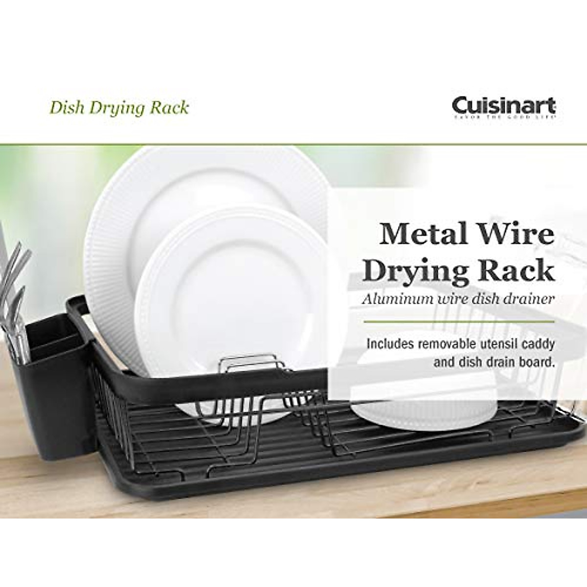 Cuisinart Wire Dish Drying Rack and Tray Set – 3 Piece Set Includes Wire Dish Drying Rack, Utensil Caddy, and Draining Board – Measures 19 x 12.75 x 4.25 Inches – Matte Black/Matte Black Wire