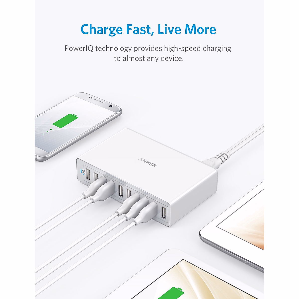 Anker 60W 10-Port USB Wall Charger, PowerPort 10 for iPhone Xs/XS Max/XR/X/8/7/6s/Plus, iPad Pro/Air 2/Mini, Galaxy S9/S8/S7/Plus/Edge, Note 8/7, LG, Nexus, HTC and More