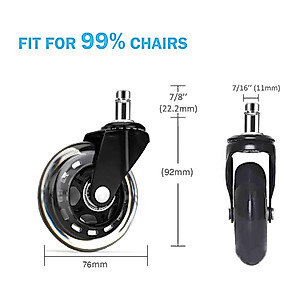 Office Chair Caster Wheels 3" - Heavy Duty Soft PU Rubber Safe for Hardwood Carpet Tile Floors (Set of 5) Generally Applicable to Office Wheels， Replace Chair mats - Universal fit