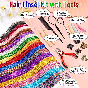 Hair Tinsel Kit (48 Inch, 16 Colors, 3200 Strands), Glitter Sparkling Tinsel Hair Extensions with Tools, Heat Resistant Fairy Hair Tinsel Kit for Women Girls Cosplay Party Festival Hair Accessories