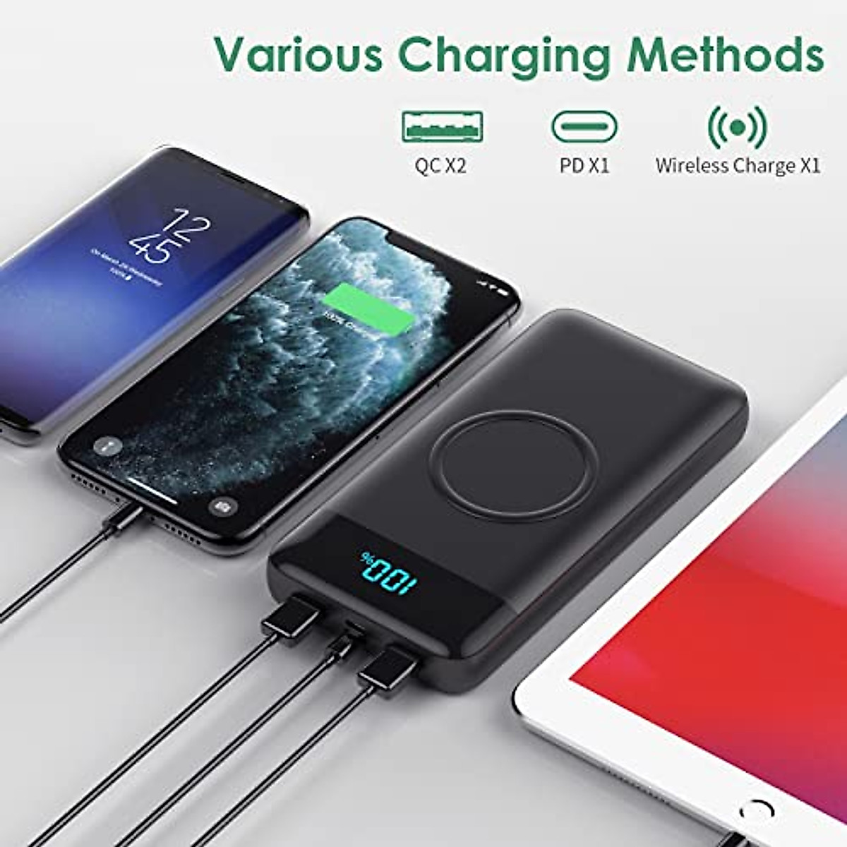 Wireless Portable Charger 30,800mAh 15W Wireless Charging 25W PD QC4.0 Fast Charging Smart LED Display USB-C Power Bank, 4 Output & 2 Input External Battery Pack Compatible with iPhone, Samsung etc