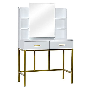 IRDFWH 90 x 45 x 78-143.5Dressers Dressing Table FCH Desktop with Shelf 2 Drawers with Stool Steel Frame Dressing Table White