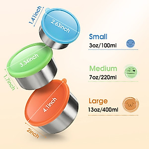 fruui Stainless Steel Containers with Lids, 3 Pack Reusable Snack Containers, 18/8 Stainless Steel Lunch Box Containers, Leakproof, Premium Silicone, Easy Open Food Containers - 13oz, 7oz, 3oz