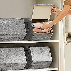 SONGMICS Set of 4 Stackable Storage Bins, Fabric Storage Boxes with Lids, Stackable Storage Cubes with Magnetic Closures, a Semi-Open Front, Lid Can Stay Open after Stacked up, Gray URLB22GY