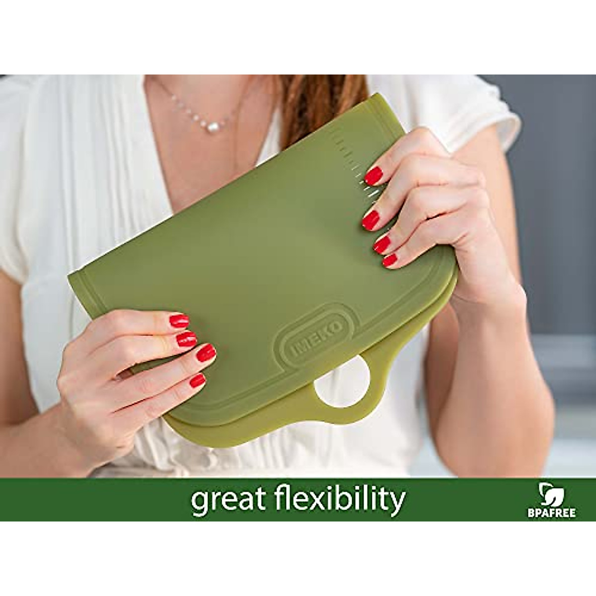 IMEKO TPU Cutting Board, BPA Free, Knife Friendly, Flexible, Dishwasher Friendly, Space Saving, Ergonomic Design, Chopping Mat - Olive Green - Size: Medium 13.7" x 9.4"- W: 10 oz.