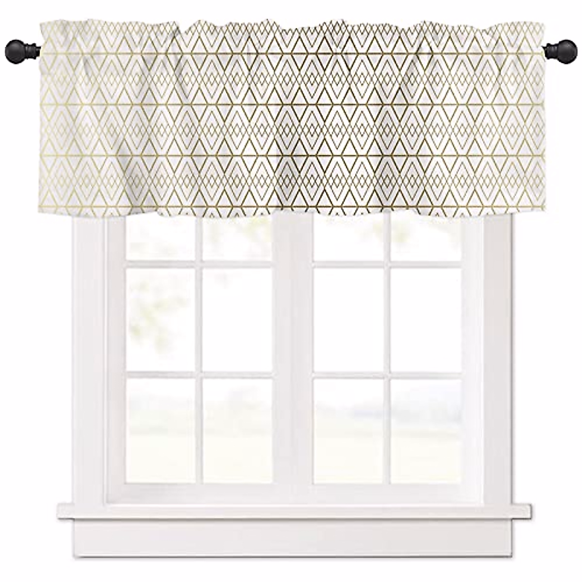 JasmineM Valances Curtains for Windows White Gold Line Rod Pocket Kitchen Valance Scarf for Living Room Geometric Short Window Treatment Drapes Curtain for Bedroom 42x12in