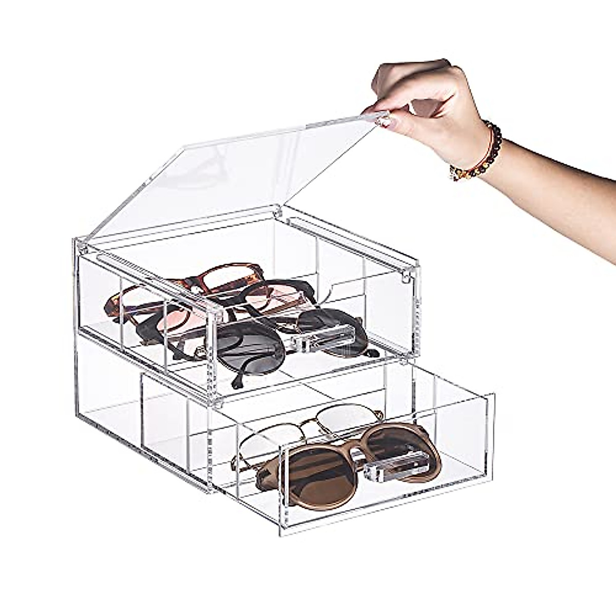 TIDYENDURE Clear Acrylic 2-Drawer Compact Storage Organization Drawers Set Sunglasses Supplies, Used in Bathroom, Dorm, Desk, Countertop, Office 7.24”x7.56”x5.6” (Transparent)