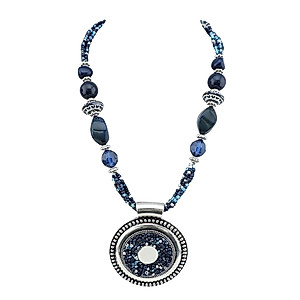Bocar Statement Aquamarine Seed Beads Chunky Collar Pendant Necklace (NK-10343-navy blue)