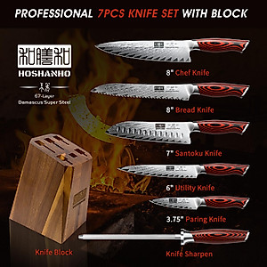 Kitchen Knife Set with Block, 7 Pieces Chef Knife Set 67 Layers Damascus Steel Professional Knife Set for Cooking, Ergonomic G10 Handles with Sharpener